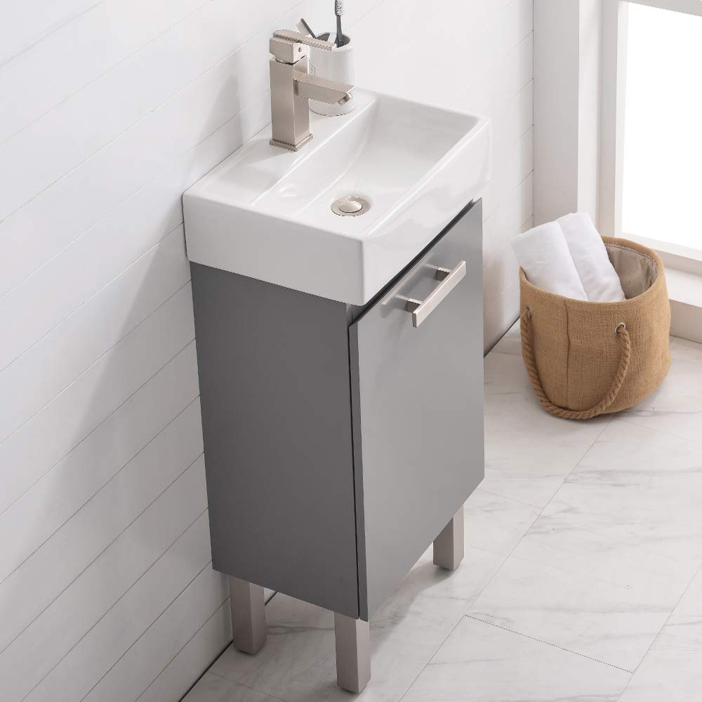 LUCA Kitchen & Bath LC17XGP Brielle 16.5” Single Sink Bathroom Vanity in Gray with Porcelain Countertop-Freestanding or Wall Mounted, Grey