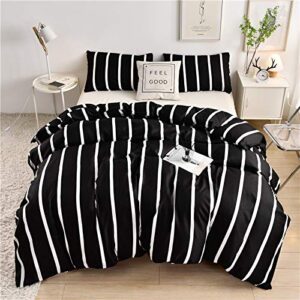 lightweight hotel luxury duvet cover 3 piece set-black with white vertical stripes ultra soft premium microfiber breathable comforter cover with zipper closure, corner ties full/queen (90x90 inches) …