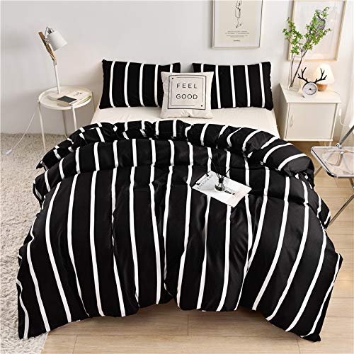 Lightweight Hotel Luxury Duvet Cover 3 Piece Set-Black with White Vertical Stripes Ultra Soft Premium Microfiber Breathable Comforter Cover with Zipper Closure, Corner Ties Full/Queen (90x90 inches) …