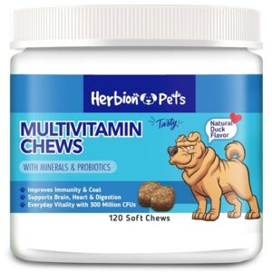 herbion pets multivitamin chews with minerals & probiotics; improves immunity & coat; supports digestion; brain & heart health; delicious natural duck flavor; dog supplements & vitamins