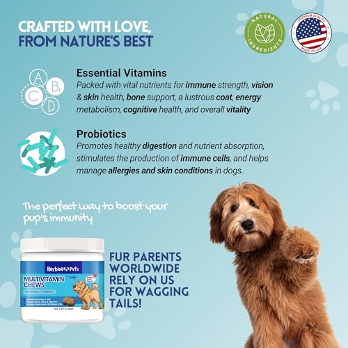 Herbion Pets Multivitamin Chews with Minerals & Probiotics; Improves Immunity & Coat; Supports Digestion; Brain & Heart Health; Delicious Natural Duck Flavor; Dog Supplements & Vitamins