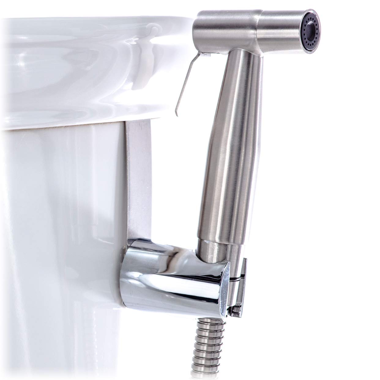 Bidet - Stainless Steel - Hand-Held Sprayer Attaches to Toilet - 59-Inch Hose Convenient for Additional Cleaning Activities - Three Pressure Levels - Toilet Hook Holder - Brushed Finish