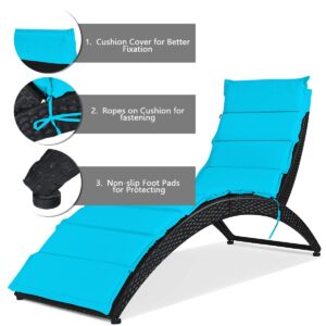 Tangkula Foldable Patio Lounge Chair, Outdoor Rattan Lounger Chaise, Portable Patio Chaise with Cushion, All-Weather Wicker Furniture for Garden Lawn Balcony Backyard Poolside (1, Turquoise)