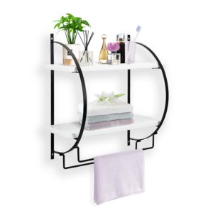 y&me 2 tier floating bathroom shelves with towel rack, bathroom shelves over toilet,white bathroom shelf wall mounted,bathroom towel storage with towel rods for household decor (white)