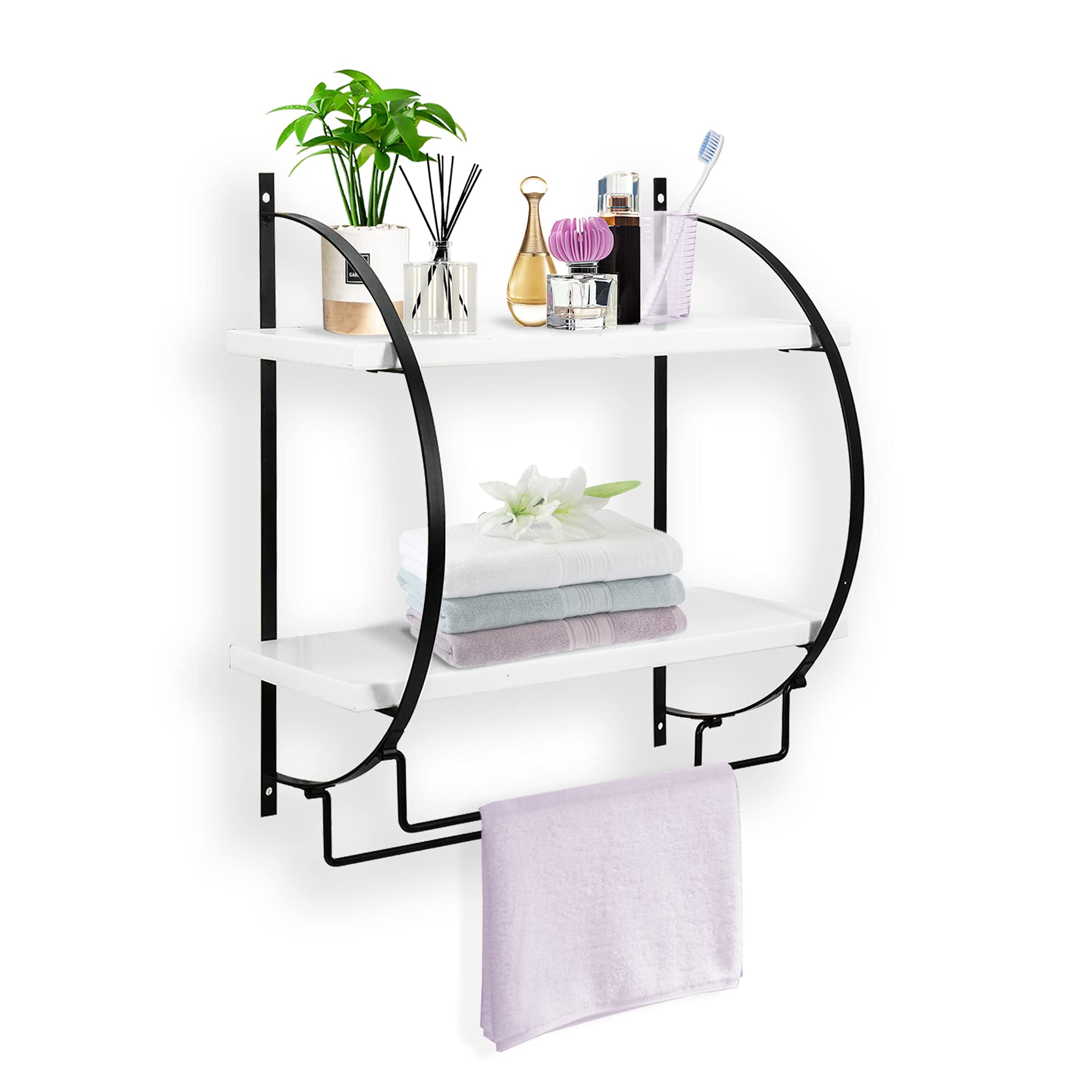 Y&ME 2 Tier Floating Bathroom Shelves with Towel Rack, Bathroom Shelves Over Toilet,White Bathroom Shelf Wall Mounted,Bathroom Towel Storage with Towel Rods for Household Decor (White)