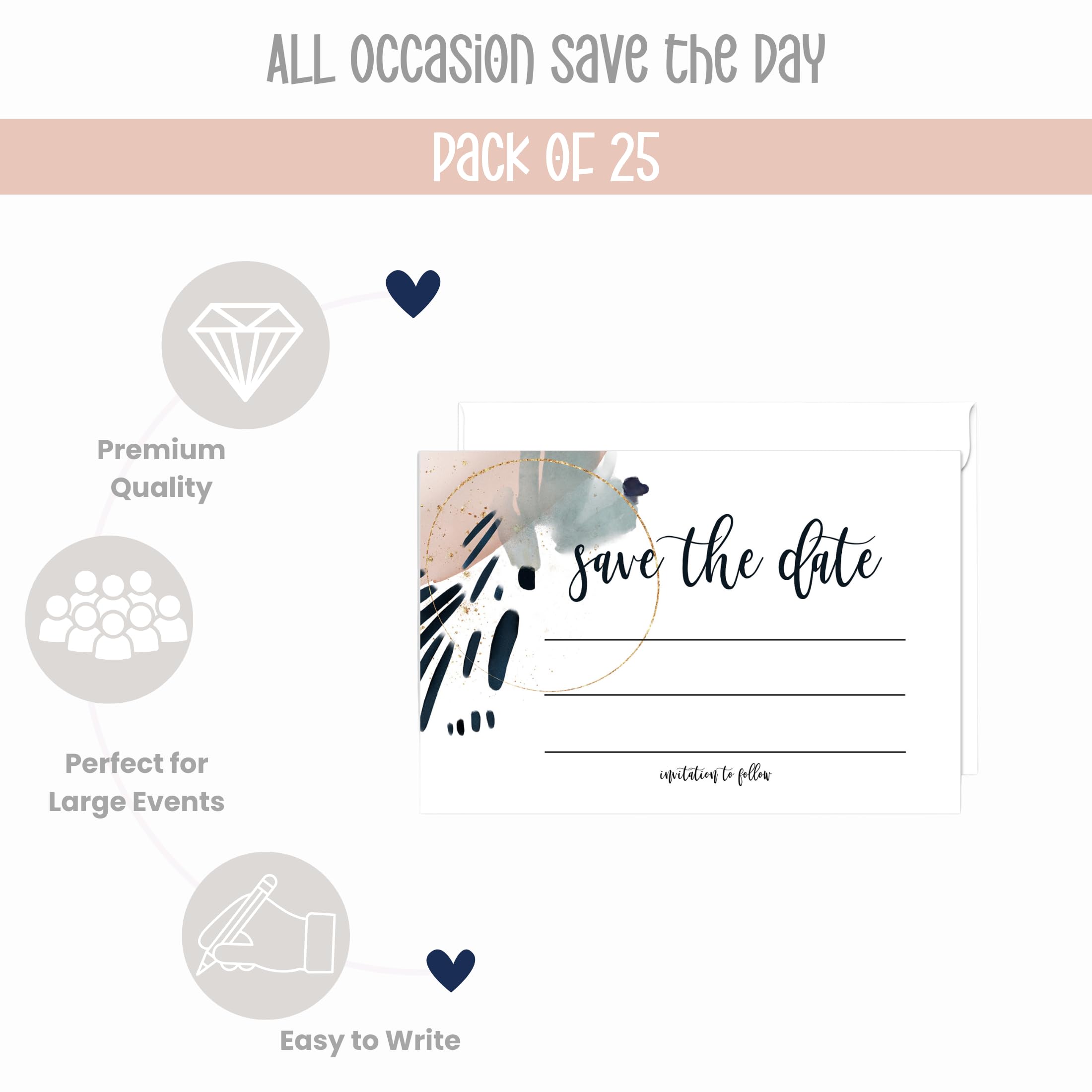 Paper Clever Party Modern Save the Date with Envelopes, All Occasion Cards for Wedding Invitations, Birthday, Graduation, Blue and Pink, 3.5x5, 25 Pack