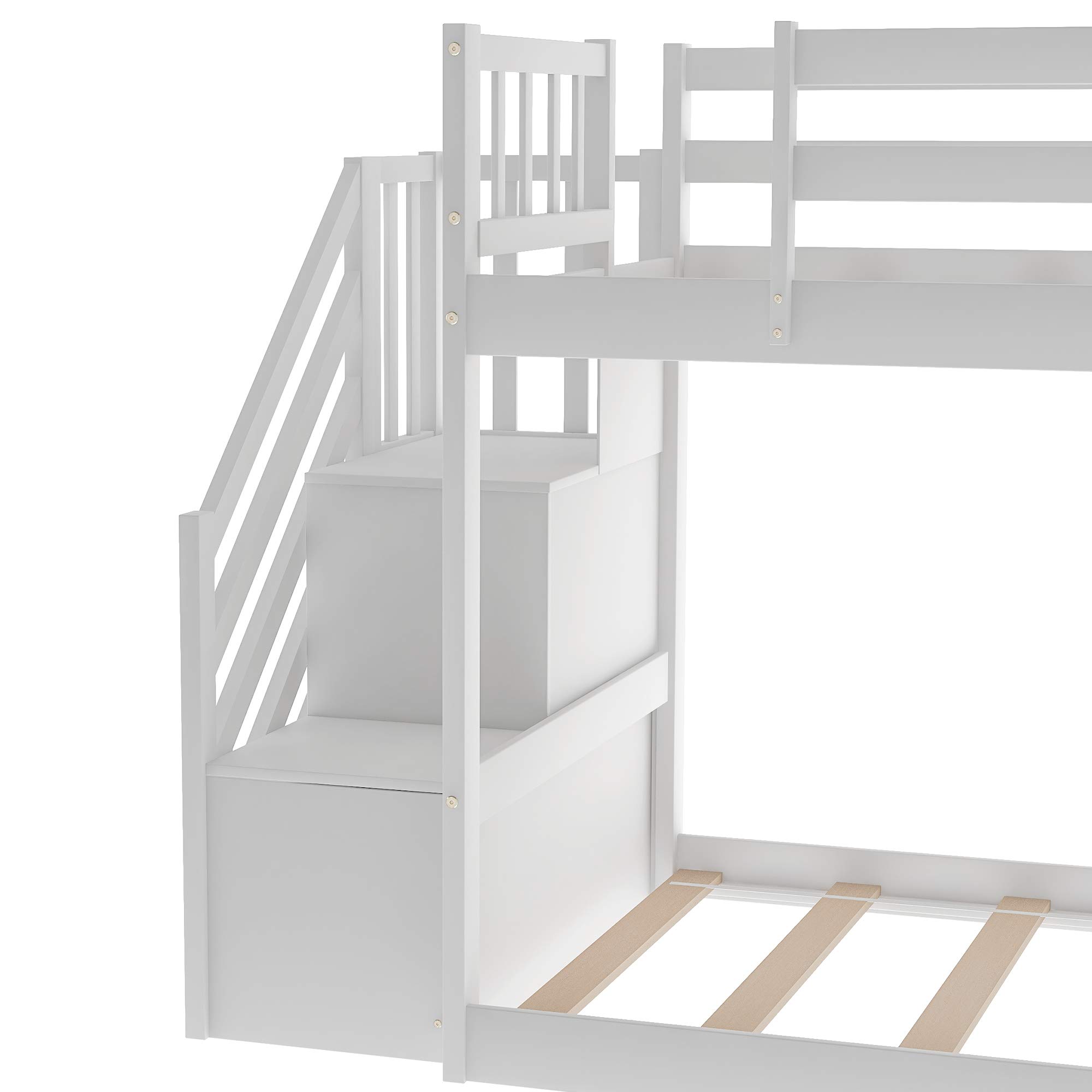 SOFTSEA Twin Over Twin Floor Bunk Bed with Slide and Stairs Wooden Bunk Beds for Kids, No Box Spring Needed(White)