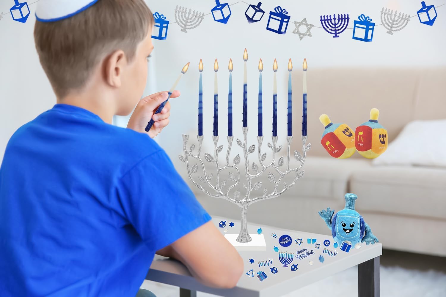 The Dreidel Company Dripless Deluxe Tapered Pastel Blue and White Hanukkah Menorah Candles for All 8 Nights of Chanuka