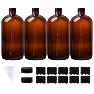 hwashin 4 pack 32 oz amber boston round glass bottles with black caps for secondary kombucha fermentation and lab chemicals (1 funnel and 10 pieces black chalkboard labels included)