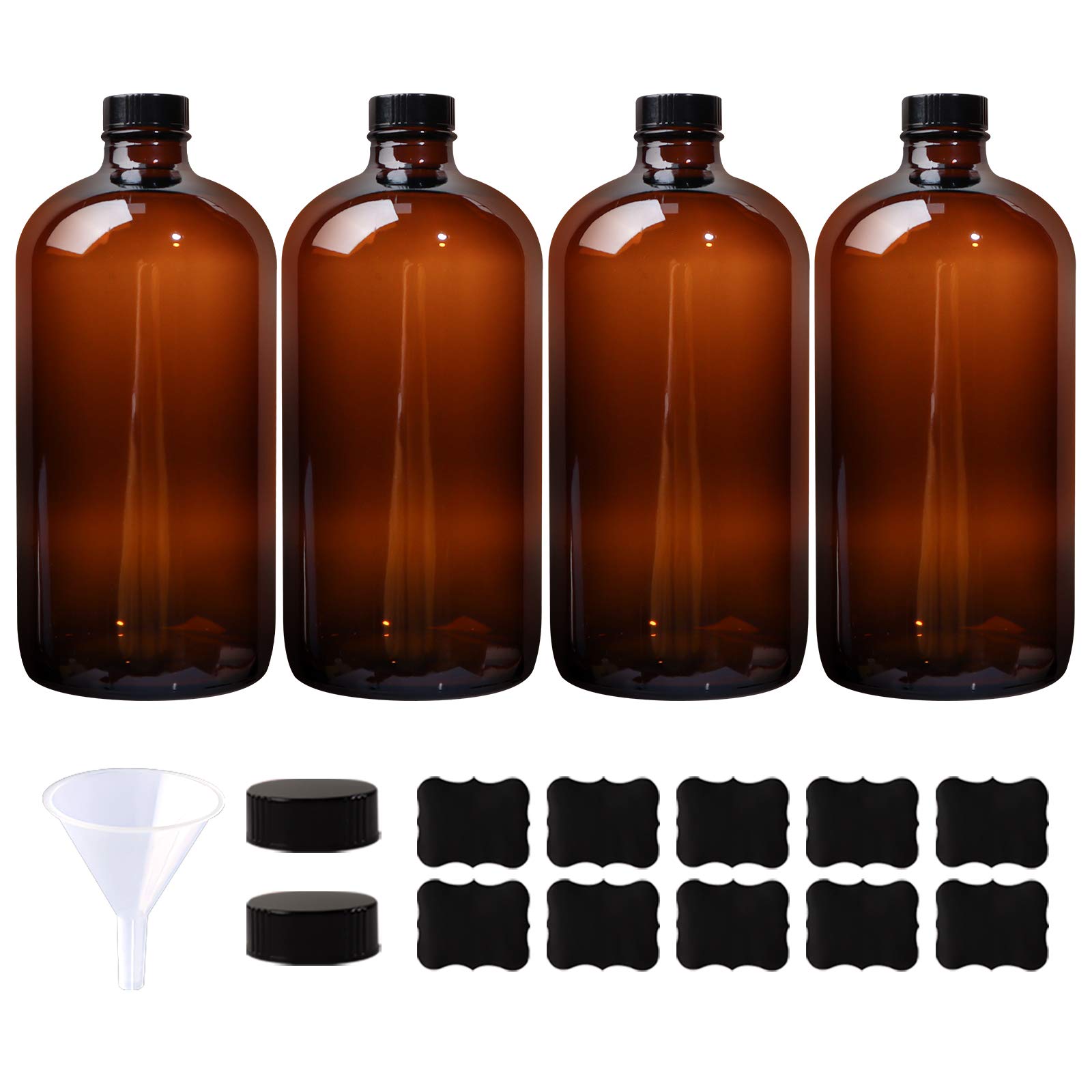 HWASHIN 4 Pack 32 oz Amber Boston Round Glass Bottles with Black Caps for Secondary Kombucha Fermentation and Lab Chemicals (1 Funnel and 10 Pieces Black Chalkboard Labels Included)