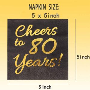 80th Birthday Decorations for Men Women Party Supplies Cocktail Napkins Black 50 Pack,5"x 5" Folded,Cheers to 80 Years! (80)