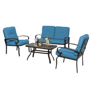 oakmont 5pcs outdoor furniture patio conversation sets loveseat, 2 motion spring chairs with coffee table, metal frame chair set (peacock blue)