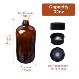 HWASHIN 4 Pack 32 oz Amber Boston Round Glass Bottles with Black Caps for Secondary Kombucha Fermentation and Lab Chemicals (1 Funnel and 10 Pieces Black Chalkboard Labels Included)