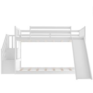 SOFTSEA Twin Over Twin Floor Bunk Bed with Slide and Stairs Wooden Bunk Beds for Kids, No Box Spring Needed(White)