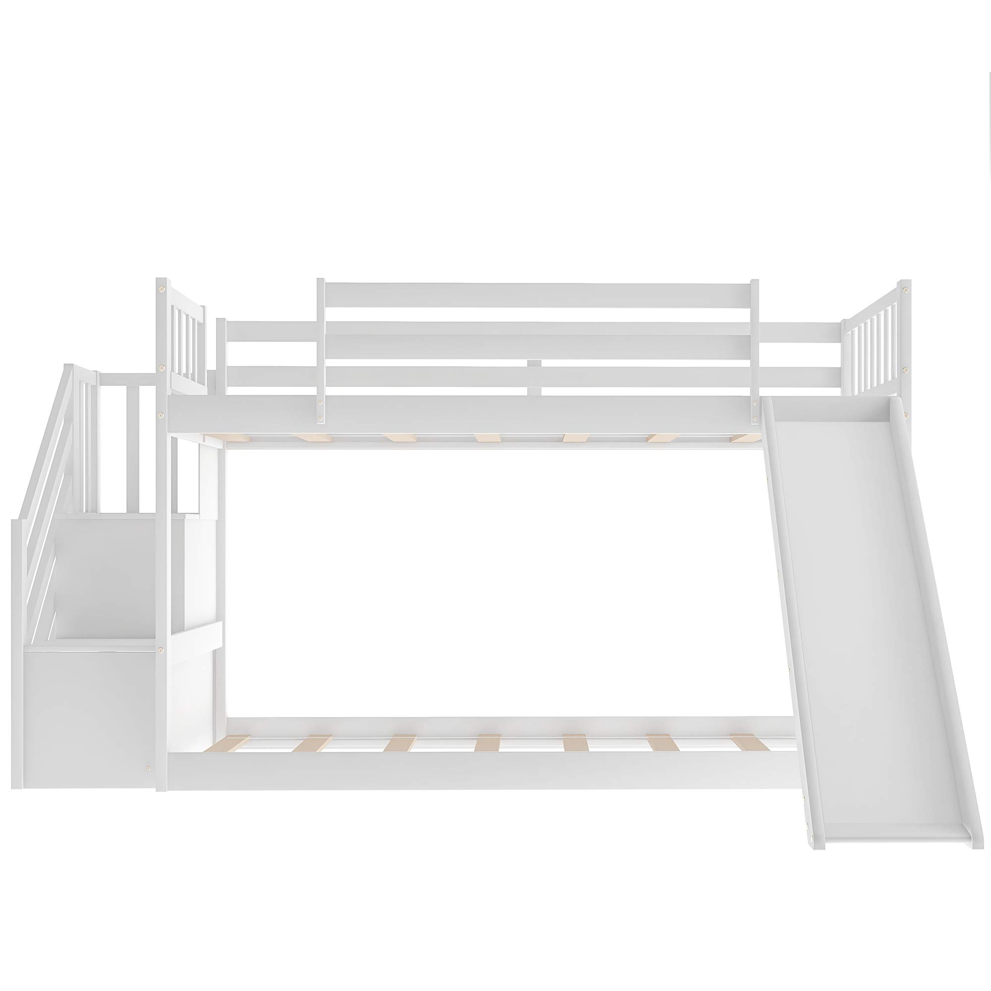 SOFTSEA Twin Over Twin Floor Bunk Bed with Slide and Stairs Wooden Bunk Beds for Kids, No Box Spring Needed(White)