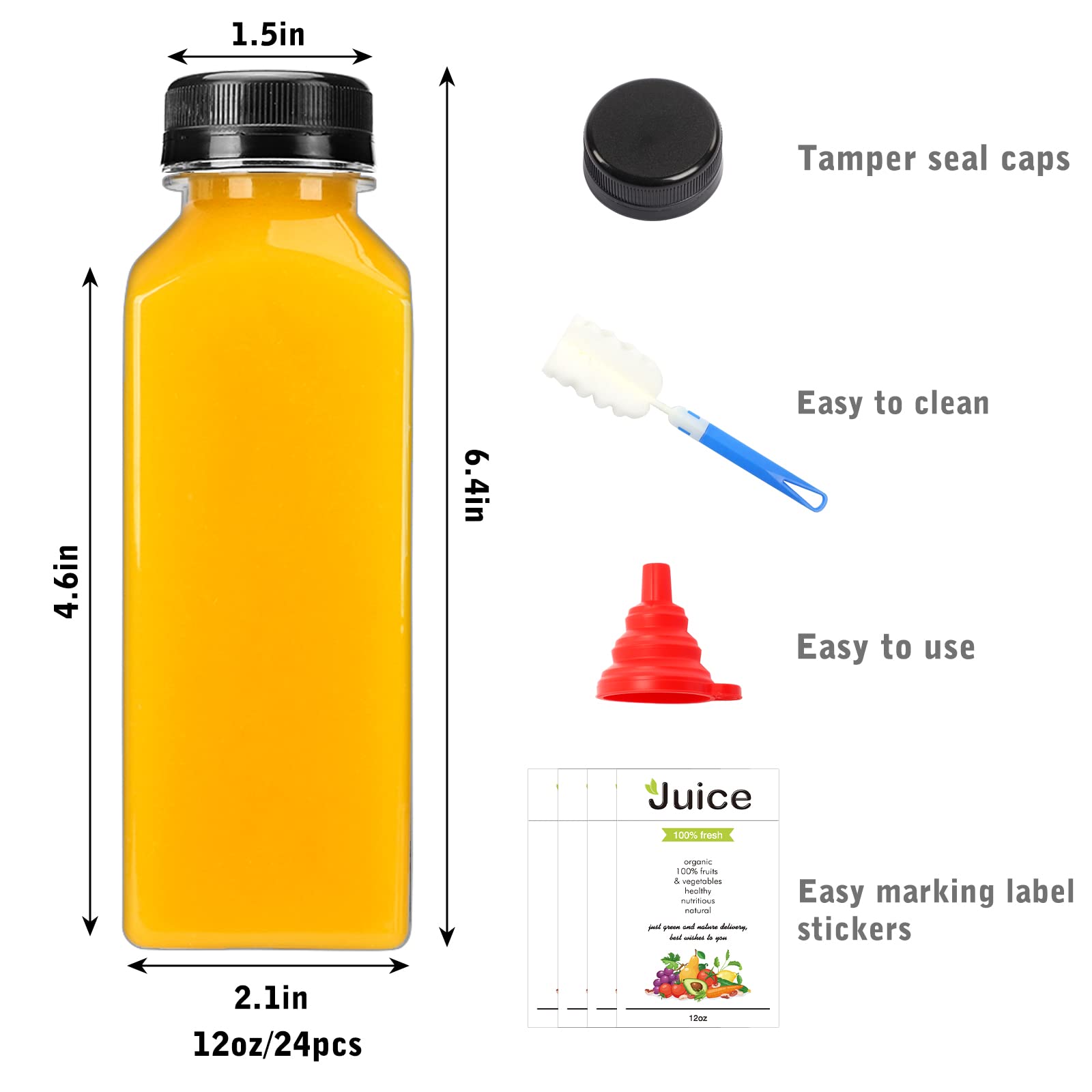 DEPEPE 24pcs 12oz Juice Bottles, Plastic Juice Bottles with Caps, Empty Clear Containers with Tamper Seal Lids for Juicing, Smoothie Milk Water and Other Beverages