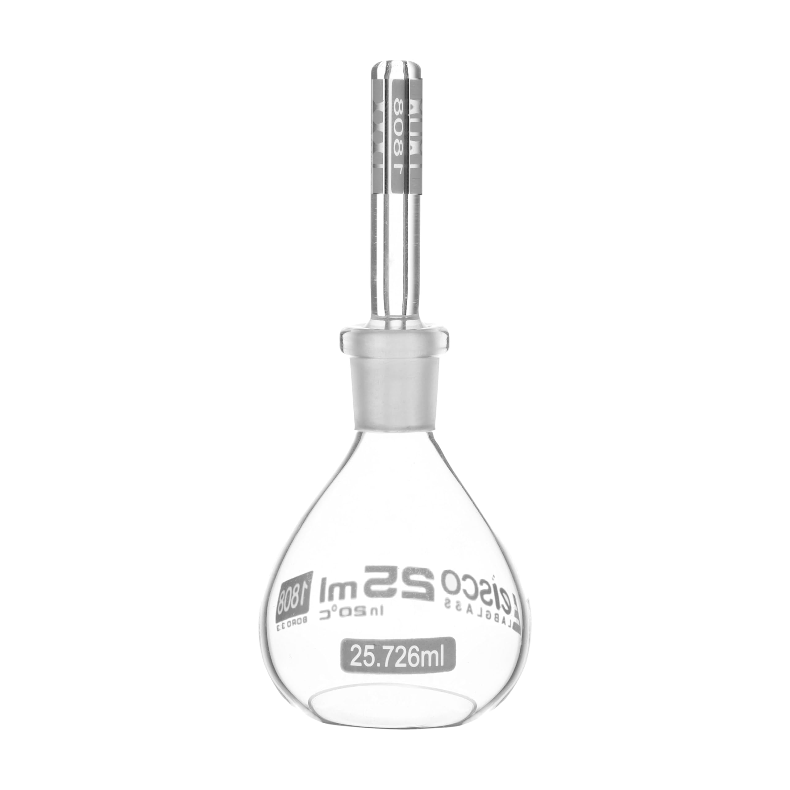 EISCO Pycnometer, Calibrated, 25mL - Specific Gravity Bottle with Flat Bottom & Perforated Stopper - Borosilicate 3.3 Glass