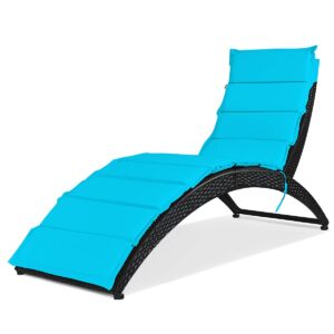 Tangkula Foldable Patio Lounge Chair, Outdoor Rattan Lounger Chaise, Portable Patio Chaise with Cushion, All-Weather Wicker Furniture for Garden Lawn Balcony Backyard Poolside (1, Turquoise)