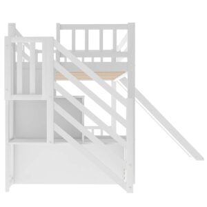 SOFTSEA Twin Over Twin Floor Bunk Bed with Slide and Stairs Wooden Bunk Beds for Kids, No Box Spring Needed(White)