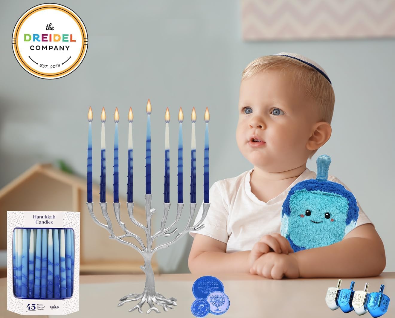 The Dreidel Company Dripless Deluxe Tapered Pastel Blue and White Hanukkah Menorah Candles for All 8 Nights of Chanuka