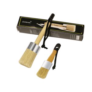 coltree chalk paint brushes for furniture, 2 pcs boar hair bristles round/flat paint brushes set, wax paint brushes, suitable for chalk paint and wax