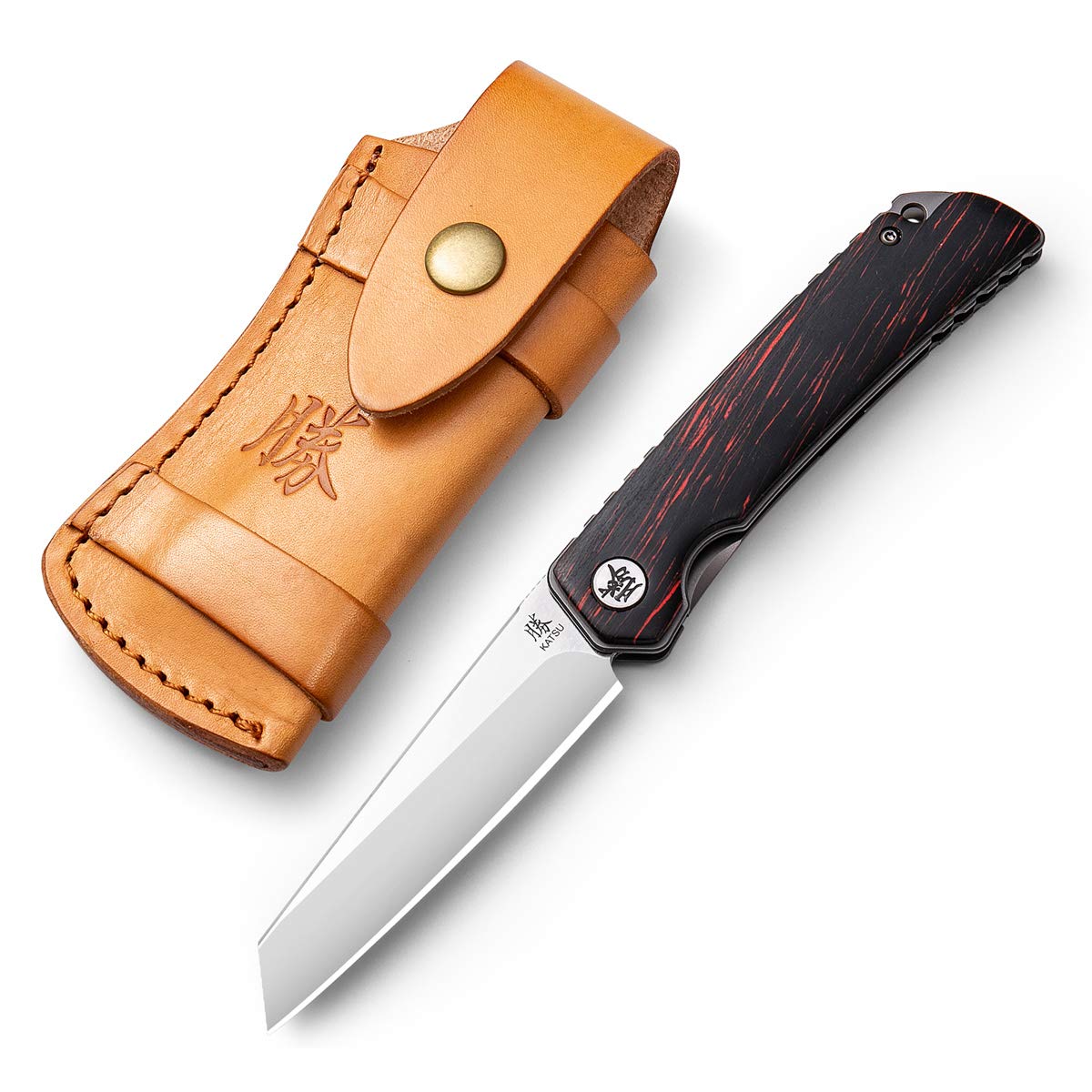 KATSU Folding Pocket Japanese Knife, G10 Handle, EDC Knife w/ D2 Steel Blade, Leather Sheath