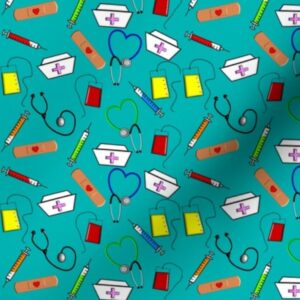 Spoonflower Fabric - Nurse Theme Medical Care Turquoise Blue Printed on Petal Signature Cotton Fabric Fat Quarter - Sewing Quilting Apparel Crafts Decor