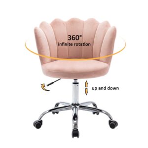 Goujxcy Cute Pink Desk Chair, Modern Velvet Vanity Makeup Chair, 360° Swivel Height Adjustable Comfy Accent Chair Rolling Chair for Home Office Bedroom Living Room (Pink)