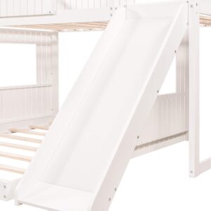 DERCASS Twin Over Full Bunk Bed, Wooden Bed Frame with Playhouse, Farmhouse, Ladder & Guardrails for Kids, Toddlers, Boys & Girls (White)