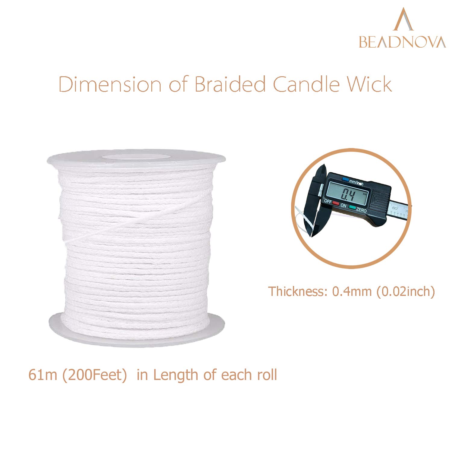 BEADNOVA Braided Candle Wick Spool 200 ft Cotton Candle Wick Roll Core Braided Wick for Candle Making and Candle DIY (61m/67yard/200 Foot)