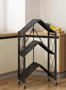 cozyblock foldable storage shelves with wheels, black metal wire rack, easy moving shelf, storage organizer for kitchen, bathroom, garage, outdoor (3 tier)