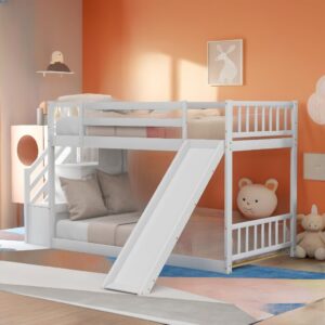 softsea twin over twin floor bunk bed with slide and stairs wooden bunk beds for kids, no box spring needed(white)