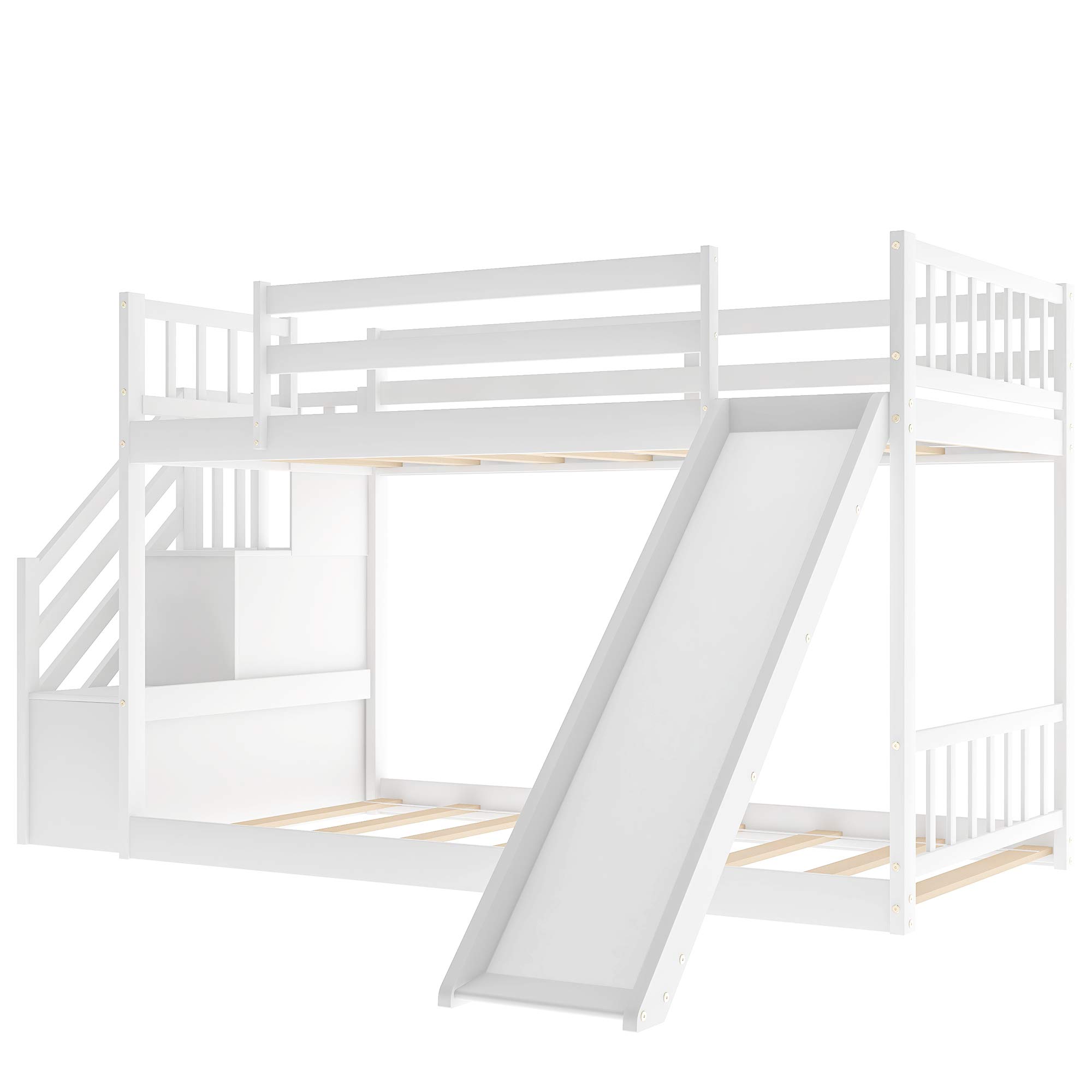 SOFTSEA Twin Over Twin Floor Bunk Bed with Slide and Stairs Wooden Bunk Beds for Kids, No Box Spring Needed(White)