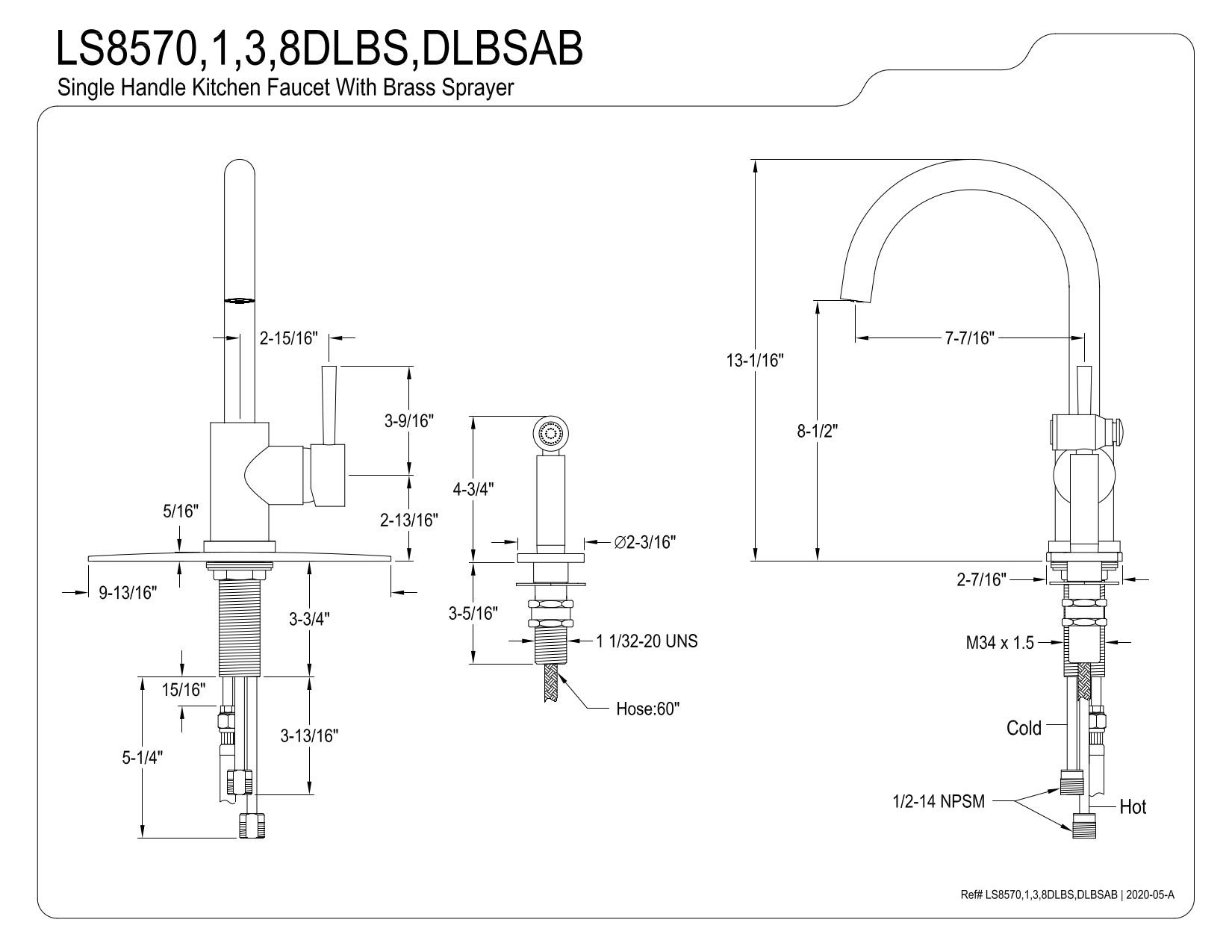 Kingston Brass LS8570DLBS Concord Single-Handle Kitchen Faucet with Brass Sprayer, Matte Black, 7-7/16 inch Spout Reach