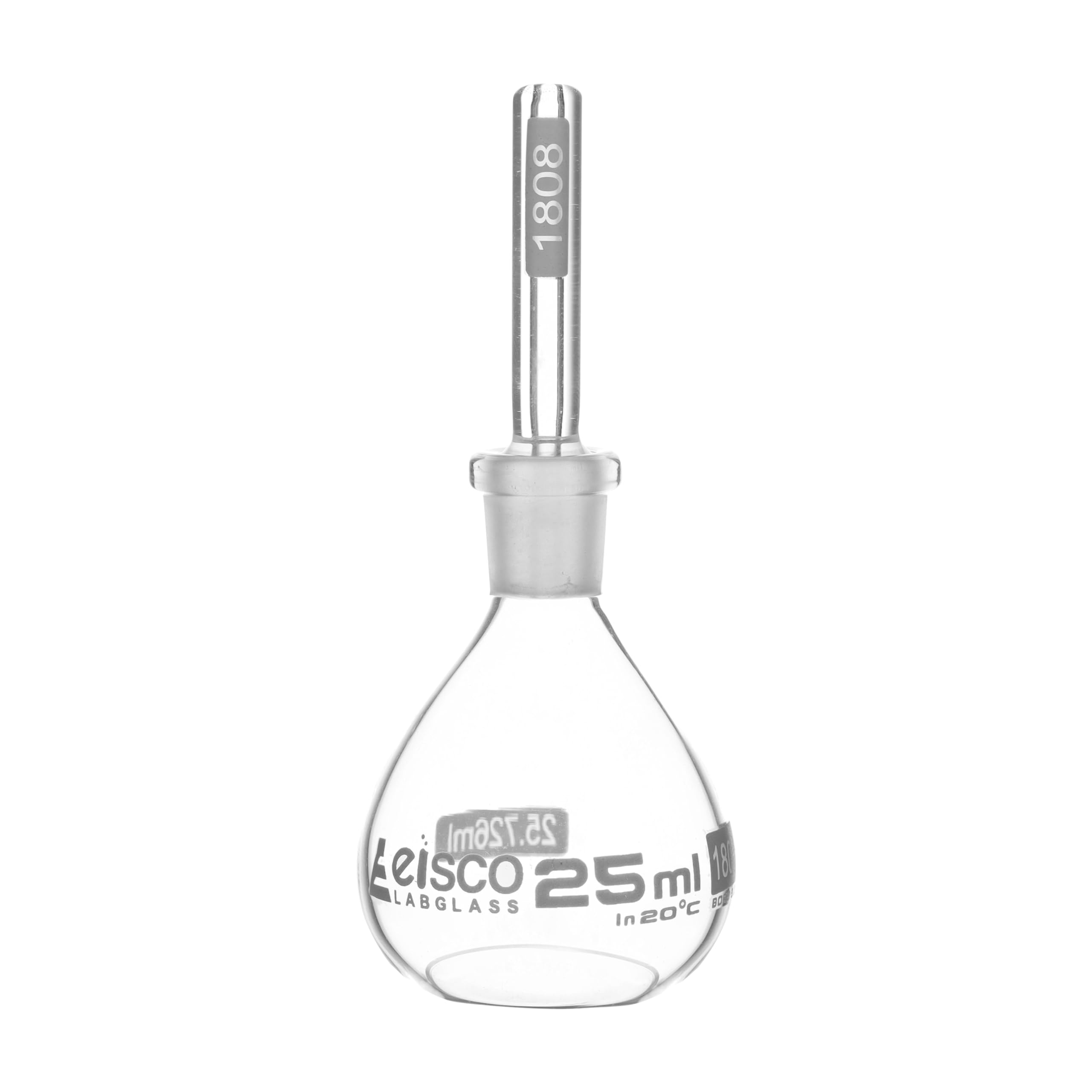 EISCO Pycnometer, Calibrated, 25mL - Specific Gravity Bottle with Flat Bottom & Perforated Stopper - Borosilicate 3.3 Glass