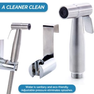 Bidet - Stainless Steel - Hand-Held Sprayer Attaches to Toilet - 59-Inch Hose Convenient for Additional Cleaning Activities - Three Pressure Levels - Toilet Hook Holder - Brushed Finish