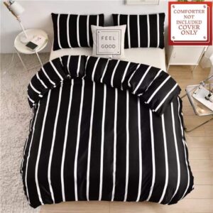 Lightweight Hotel Luxury Duvet Cover 3 Piece Set-Black with White Vertical Stripes Ultra Soft Premium Microfiber Breathable Comforter Cover with Zipper Closure, Corner Ties Full/Queen (90x90 inches) …