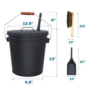 Uniflasy Ash Bucket with Lid, Shovel and Hand Broom, 5.2 Gallon Metal Coal Ash Bucket for Fireplace, Fire Pits, Wood Burning Stove, Ash Can with Lid Fireplace Wood Stove Ash Fireplace Cleaning Tools