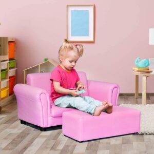 GLACER Kids Sofa with Footstool, Upholstered Toddler Couch Chair for Boys and Girls, 2 Seat Baby Sofa Chair Children Armchair with Sturdy Wood Construction, ASTM and CPSIA Certified (Pink)