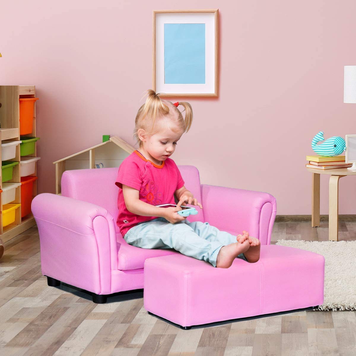 GLACER Kids Sofa with Footstool, Upholstered Toddler Couch Chair for Boys and Girls, 2 Seat Baby Sofa Chair Children Armchair with Sturdy Wood Construction, ASTM and CPSIA Certified (Pink)