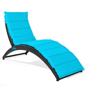 tangkula foldable patio lounge chair, outdoor rattan lounger chaise, portable patio chaise with cushion, all-weather wicker furniture for garden lawn balcony backyard poolside (1, turquoise)