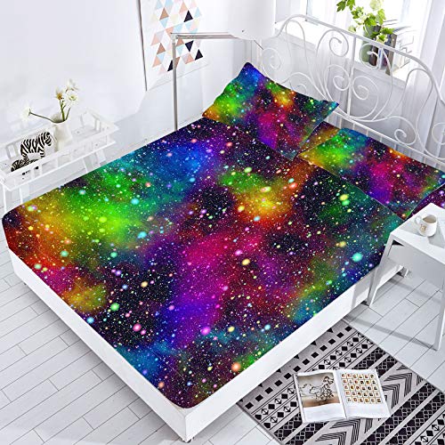 NiuOne Galaxy Fitted Sheet Set Rainbow Space Bedding Sheet Set for Girls Full 3PCS 1 Deep Pocket Sheet with 2 Pillowcases Wrinkle Free Microfiber(16,Full)