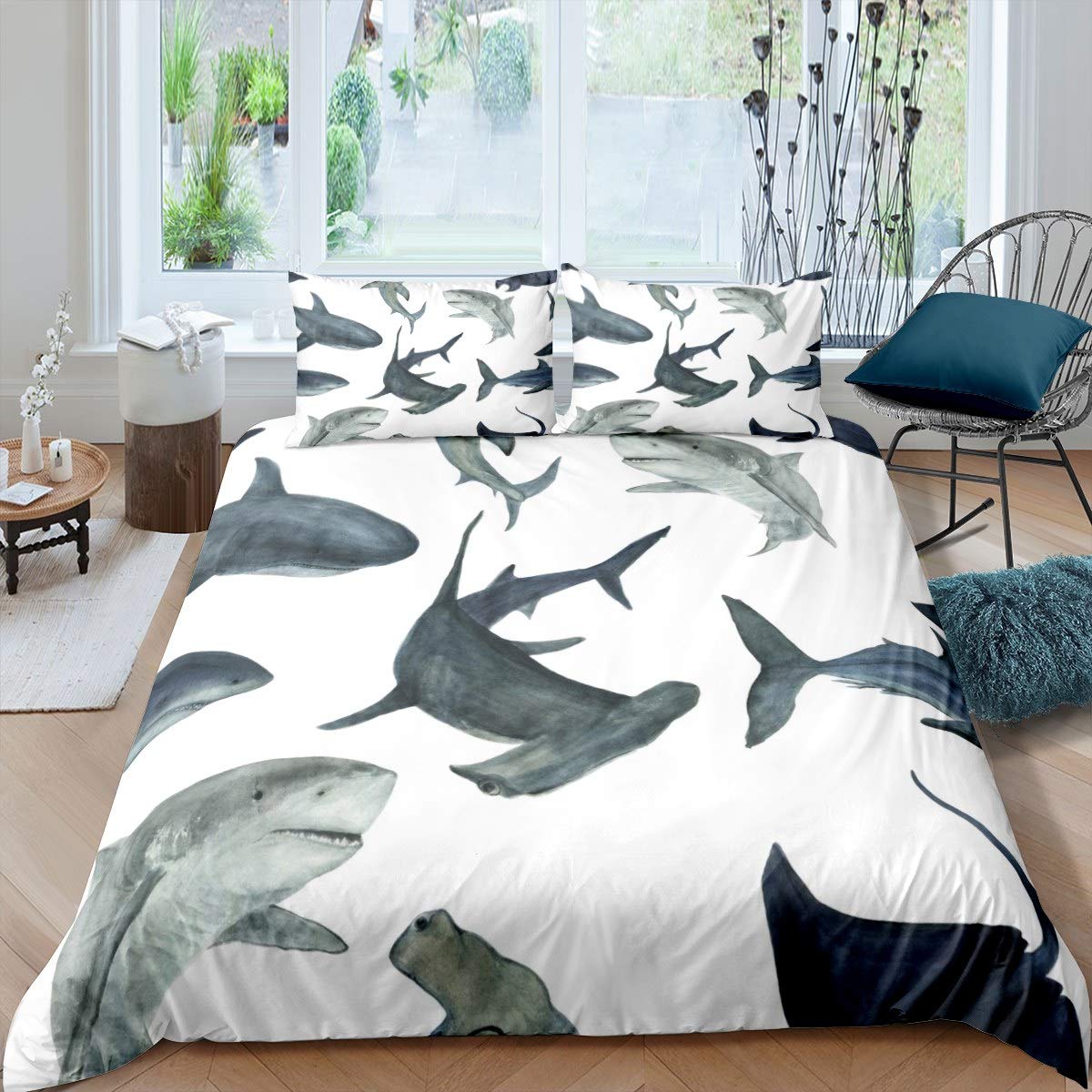 Feelyou Shark Comforter Cover Set Marine Life Ocean Theme Bedding Set for Kids Boys 3D Shark Print Duvet Cover Sea Animal Pattern Bedspread Cover Bedroom Collection 3Pcs Queen Size…