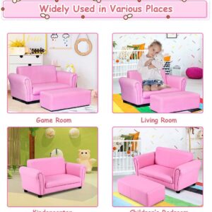 GLACER Kids Sofa with Footstool, Upholstered Toddler Couch Chair for Boys and Girls, 2 Seat Baby Sofa Chair Children Armchair with Sturdy Wood Construction, ASTM and CPSIA Certified (Pink)