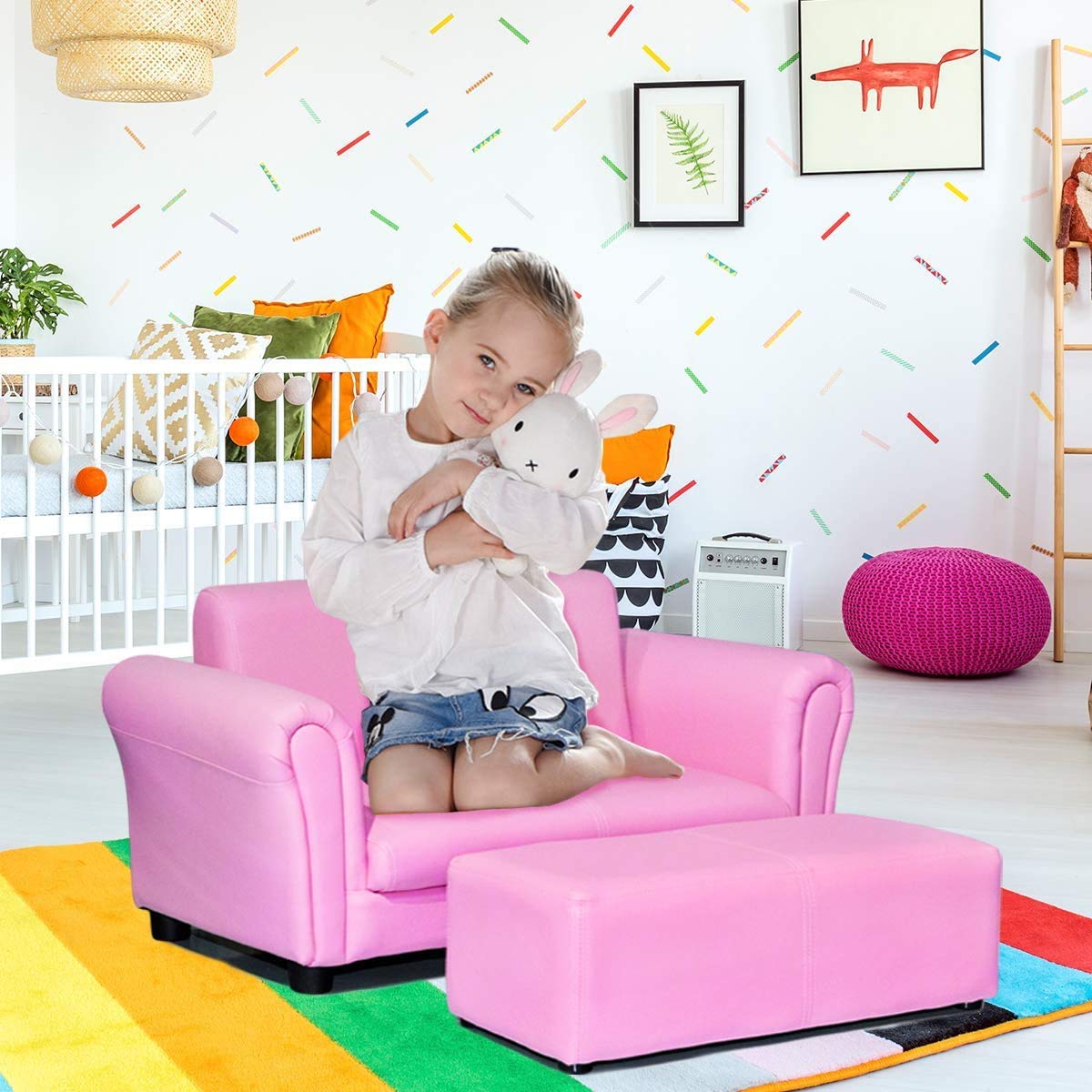 GLACER Kids Sofa with Footstool, Upholstered Toddler Couch Chair for Boys and Girls, 2 Seat Baby Sofa Chair Children Armchair with Sturdy Wood Construction, ASTM and CPSIA Certified (Pink)