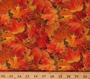 cotton fall leaves golden orange red gold metallic shimmer autumn seasons trees harvest time cotton fabric print by the yard (d512.42)