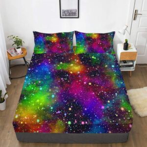 niuone galaxy fitted sheet set rainbow space bedding sheet set for girls full 3pcs 1 deep pocket sheet with 2 pillowcases wrinkle free microfiber(16,full)