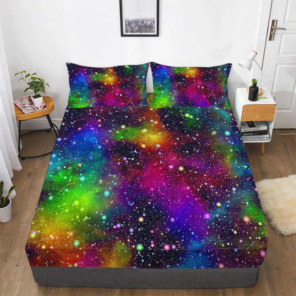 NiuOne Galaxy Fitted Sheet Set Rainbow Space Bedding Sheet Set for Girls Full 3PCS 1 Deep Pocket Sheet with 2 Pillowcases Wrinkle Free Microfiber(16,Full)