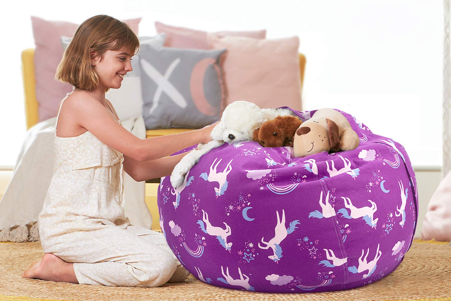 Aubliss Stuffed Animal Bean Bag Storage Chair (Purple Unicorn, Large (38''))