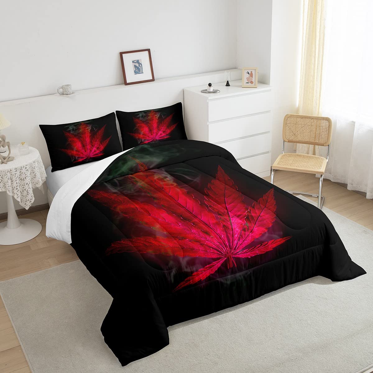 Marijuana Comforter Set Red Cannabis Leaf Printed Down Comforter, for Adult Women Teens Marijuana Weed Leaf Quilted Duvet Exotic Leaves Rustic Soft Duvet Insert Boho Trippy Hippie Theme Quilt, Queen